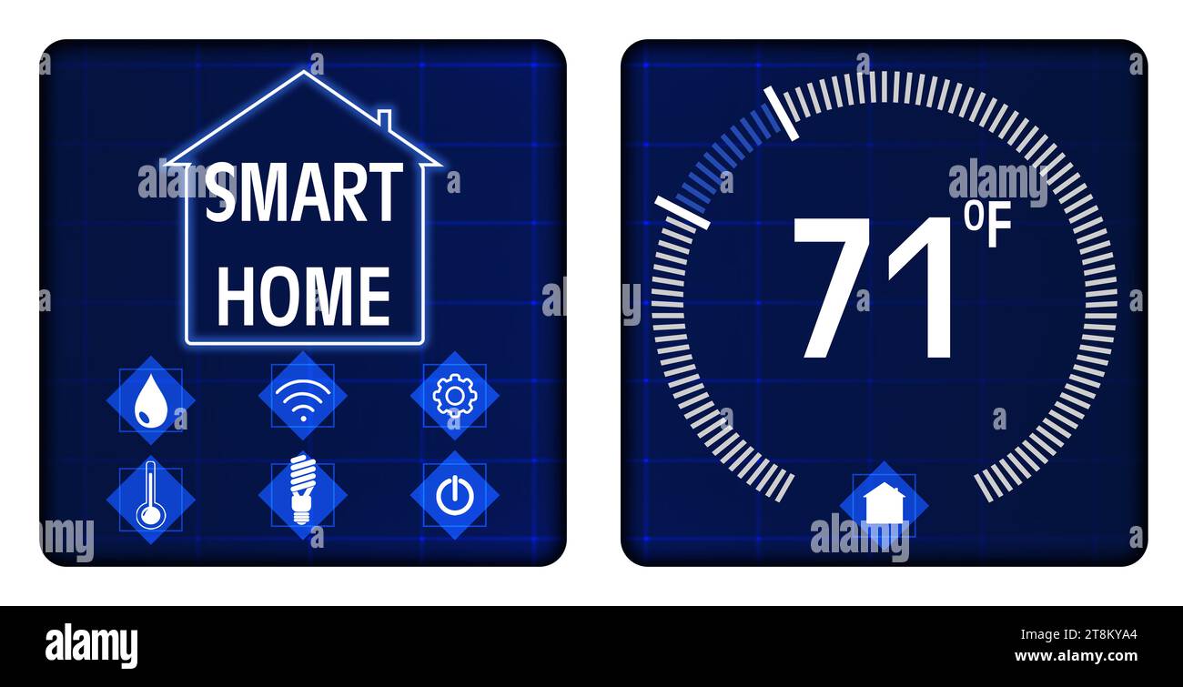 Smart home system. Thermostat displays showing ambient temperature in ...