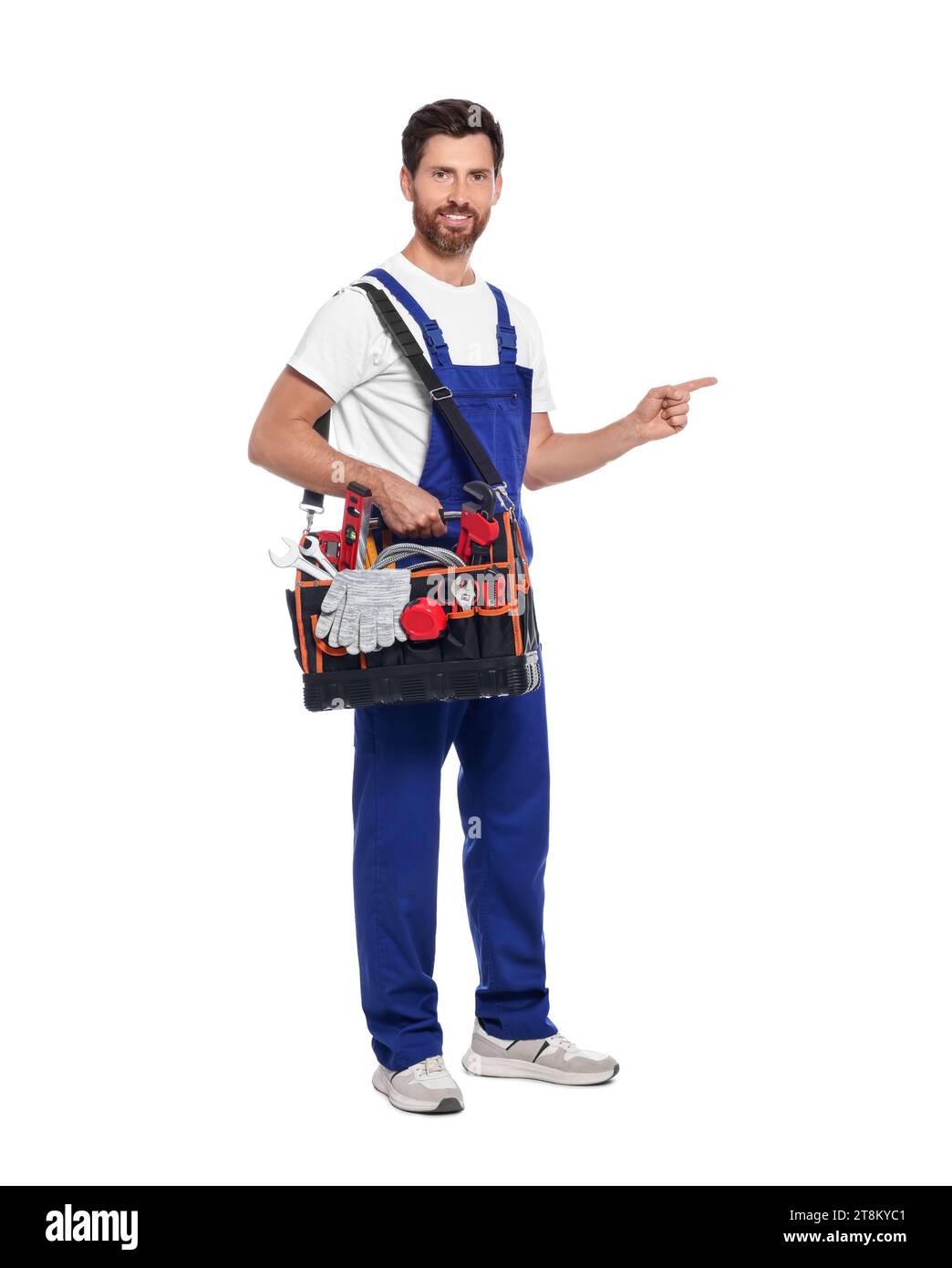 Professional plumber with tool bag on white background Stock Photo - Alamy