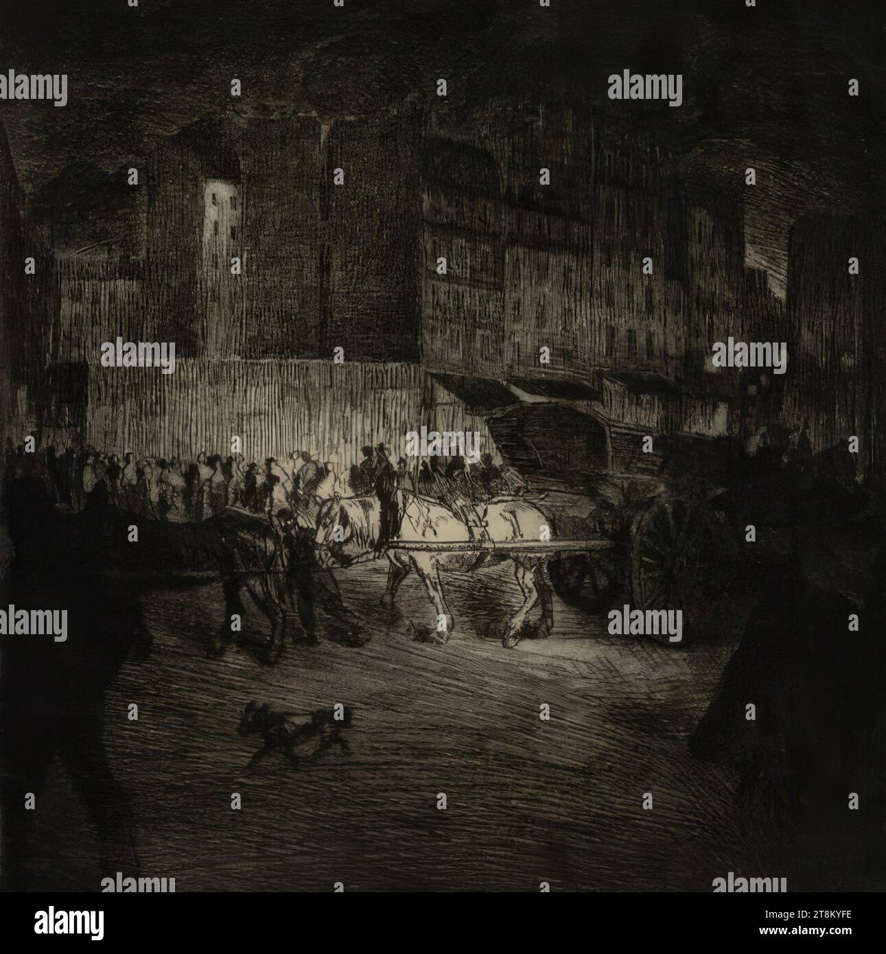Nighttime street scene with horse-drawn carriage, Théophile Alexandre ...