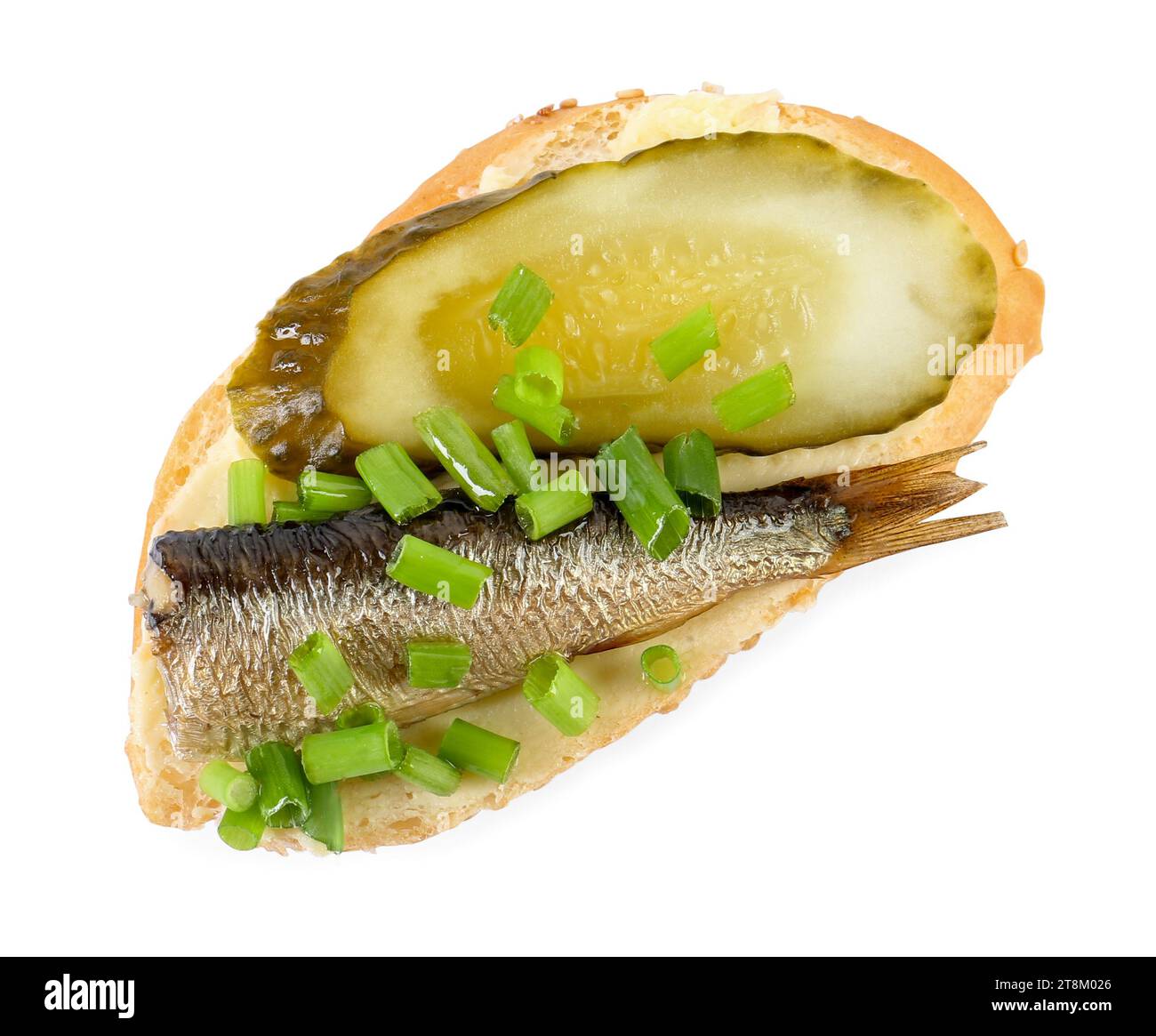 Delicious sandwich with sprat, pickled cucumber and green onion ...