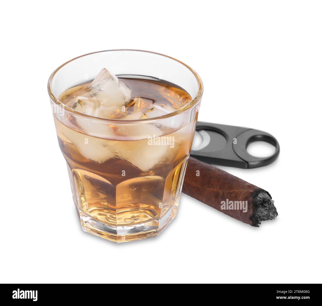 Glass of whiskey, burnt cigar and cutter isolated on white Stock Photo ...