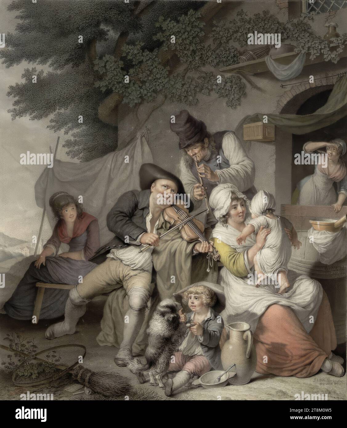 Peasant family in front of their house with 2 musicians, Pierre ...