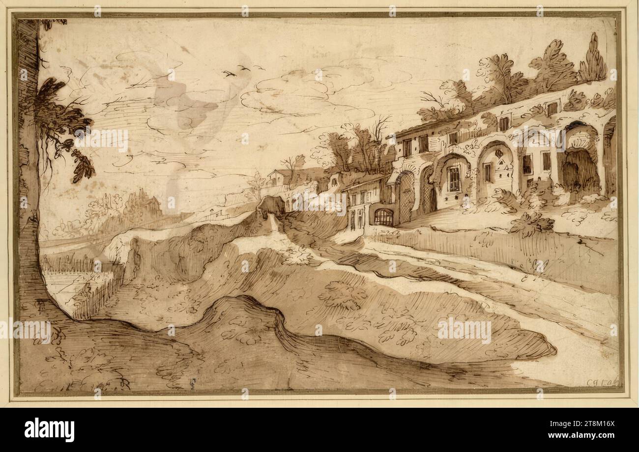 Landscape with the remains of an aqueduct integrated into a building ...