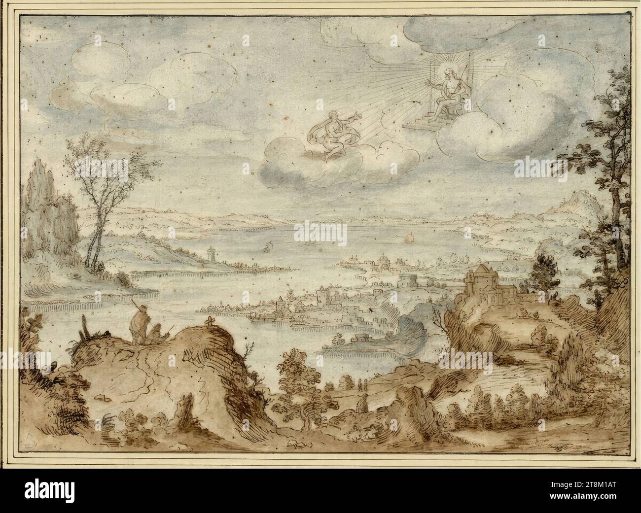 Expansive landscape with Sol and a kneeling figure in the sky ...