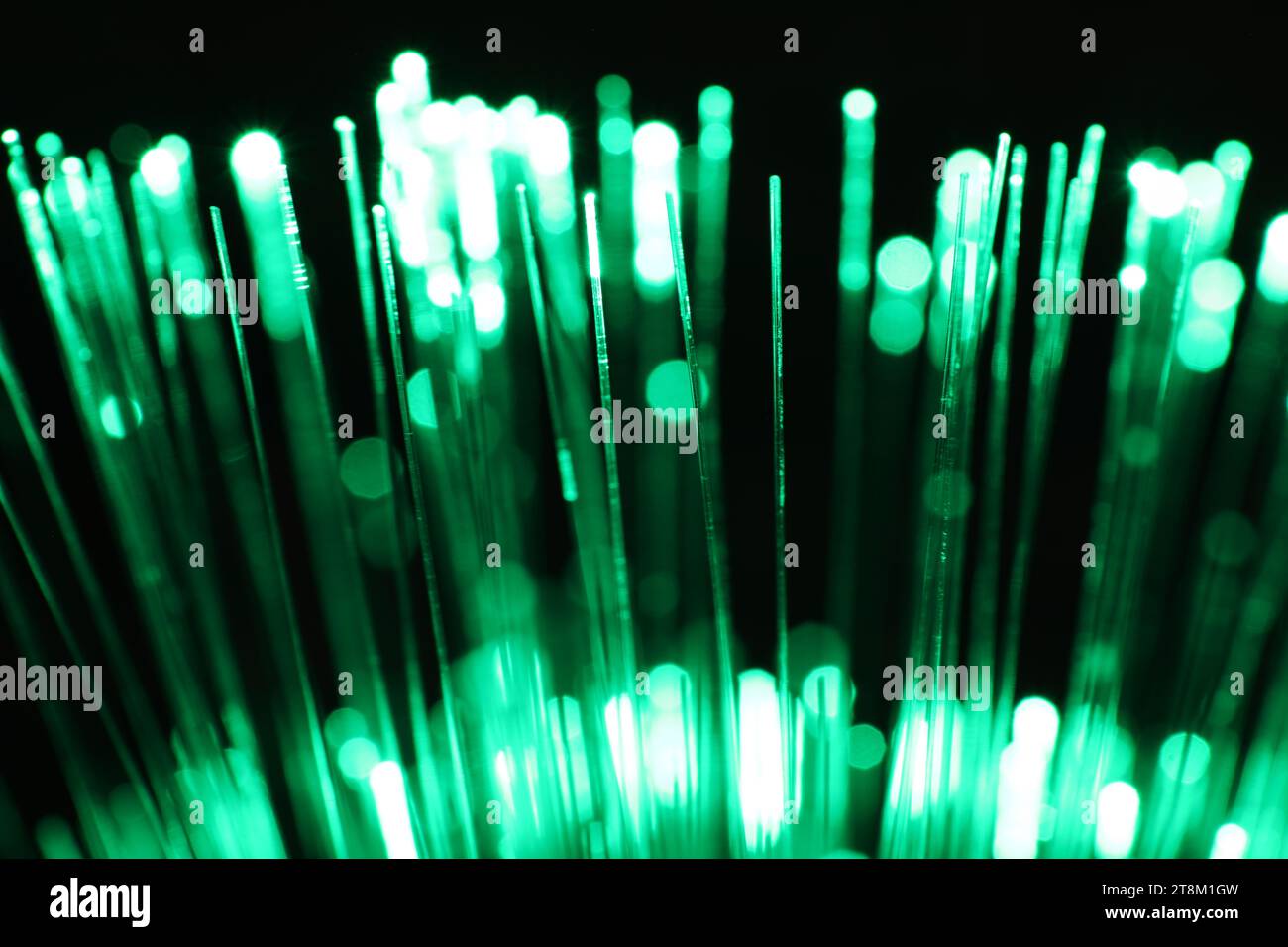 Optical fiber strands transmitting green light on black background ...