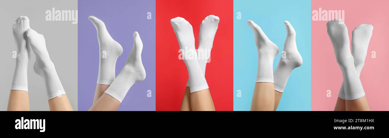 Women in stylish white socks on color backgrounds, collection of photos ...