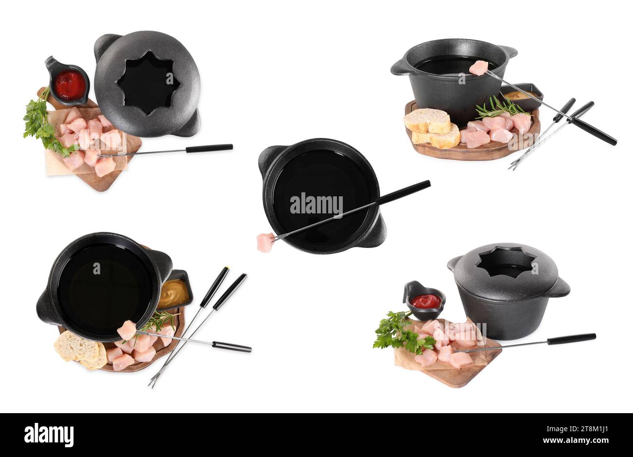 Fondue pot and raw meat isolated on white, set Stock Photo - Alamy