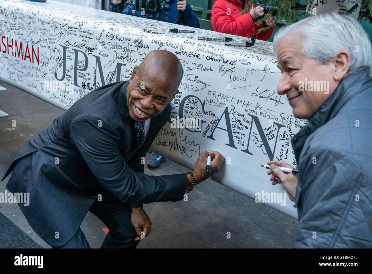 Mayor Eric Adams and Jamie Dimon sign the final steel beam to be raised ... Mayor Eric Adams and Jamie Dimon sign the final steel beam to be raised ...