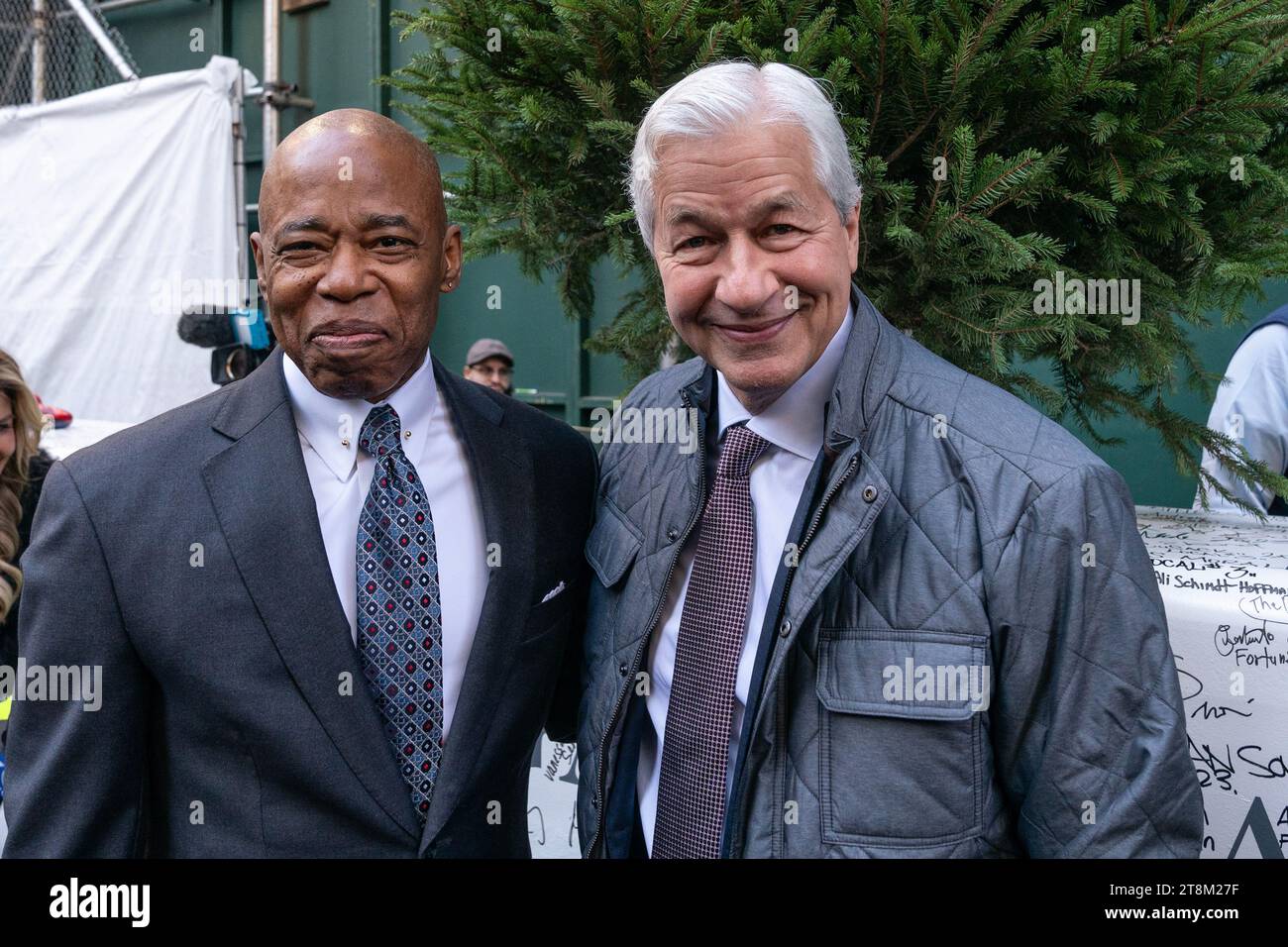 Mayor Eric Adams and Jamie Dimon pose after signing the final steel beam to be raised at JP ...