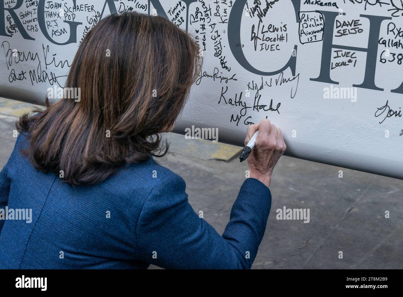 Governor Kathy Hochul signs the final steel beam to be raised at JP ...
