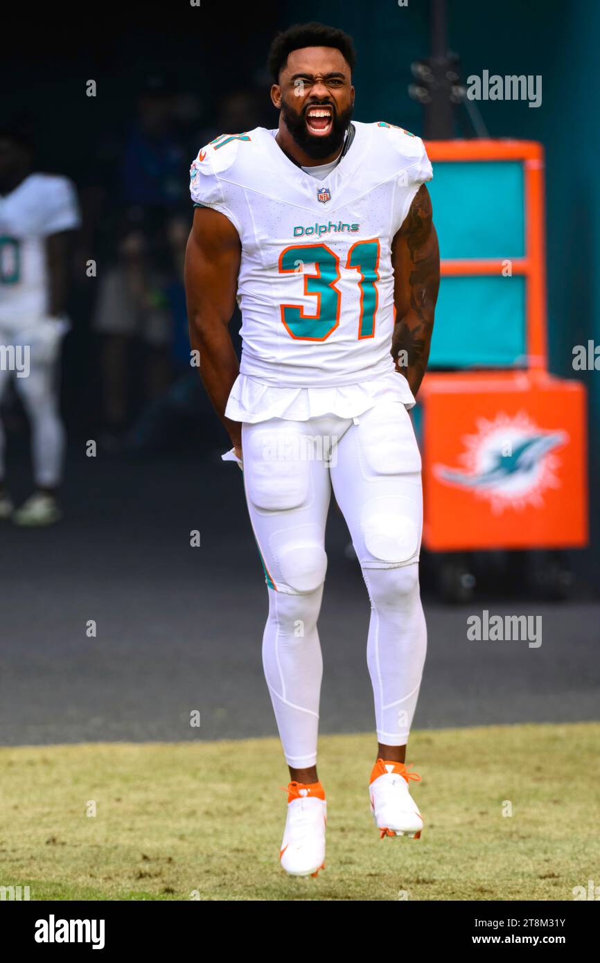 Miami Dolphins running back Raheem Mostert (31) reacts as he runs onto ...