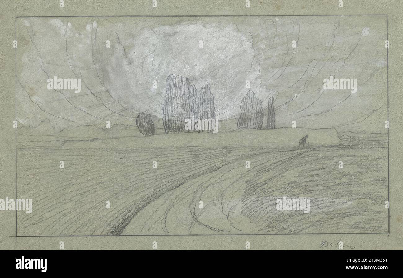 Landscape with trees and the sun breaking through clouds ...