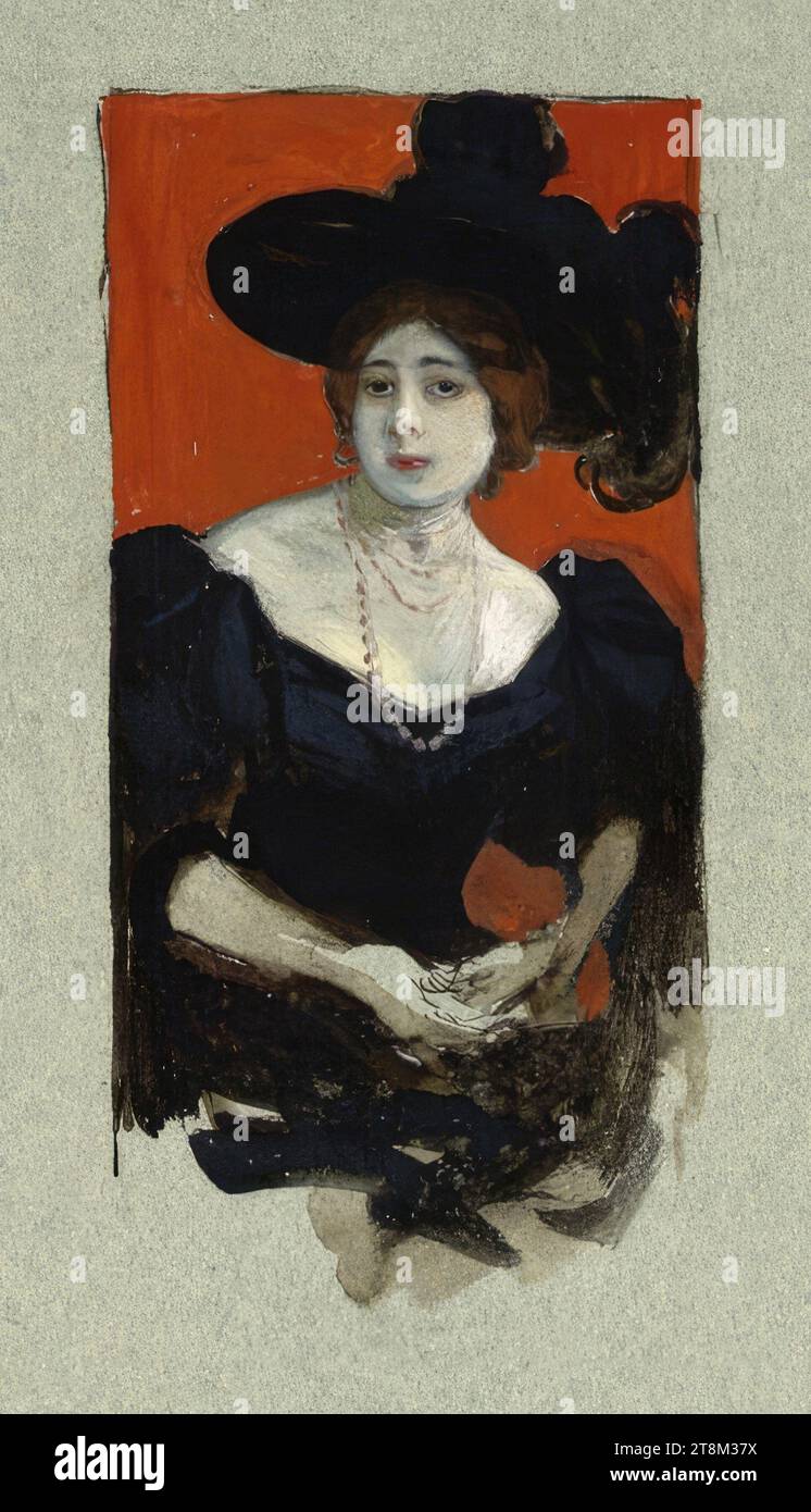 lady in black low-cut dress and black hat; red background, Hagen ...