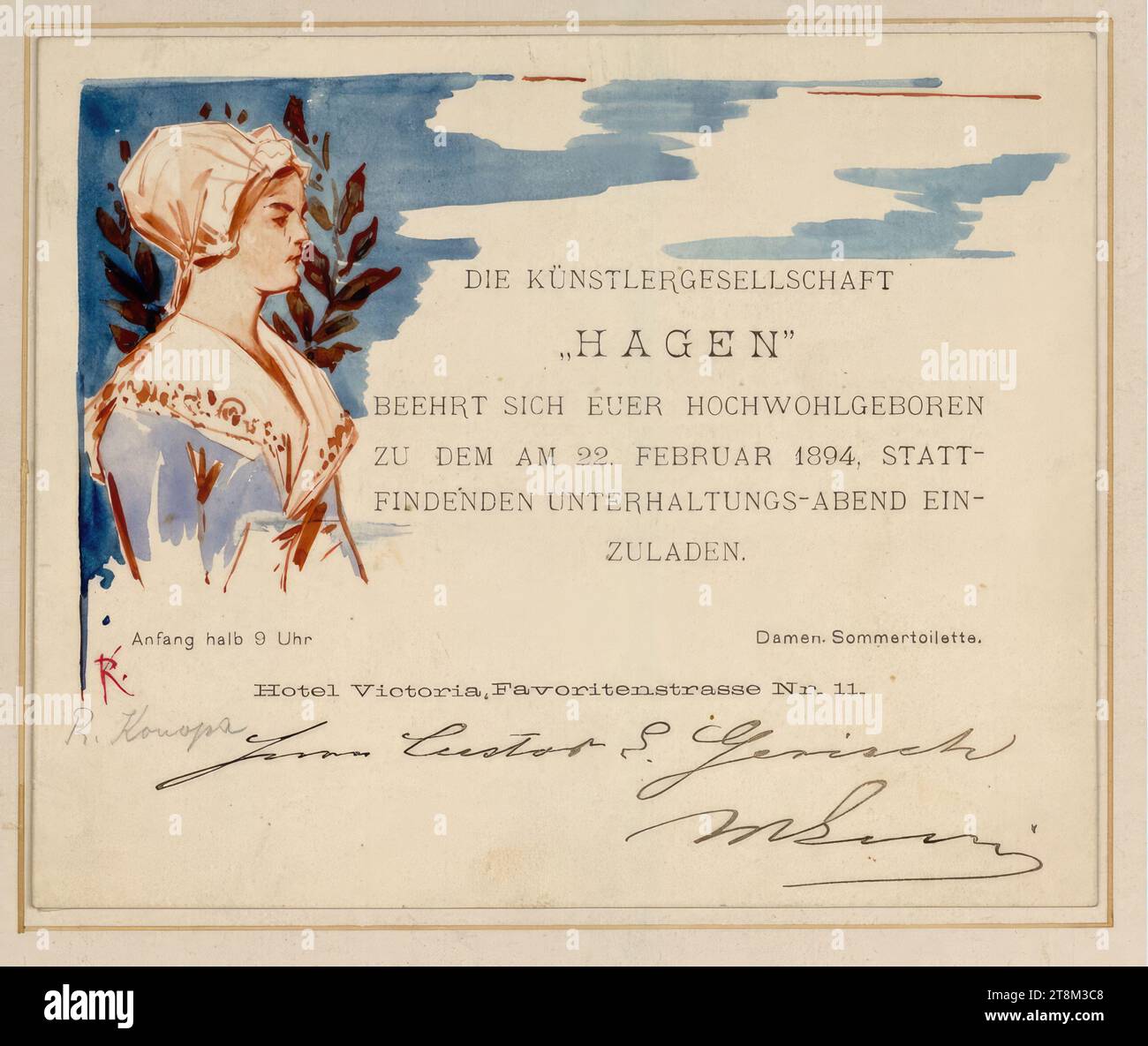 Half-length figure of a girl as a vignette on an invitation card from ...