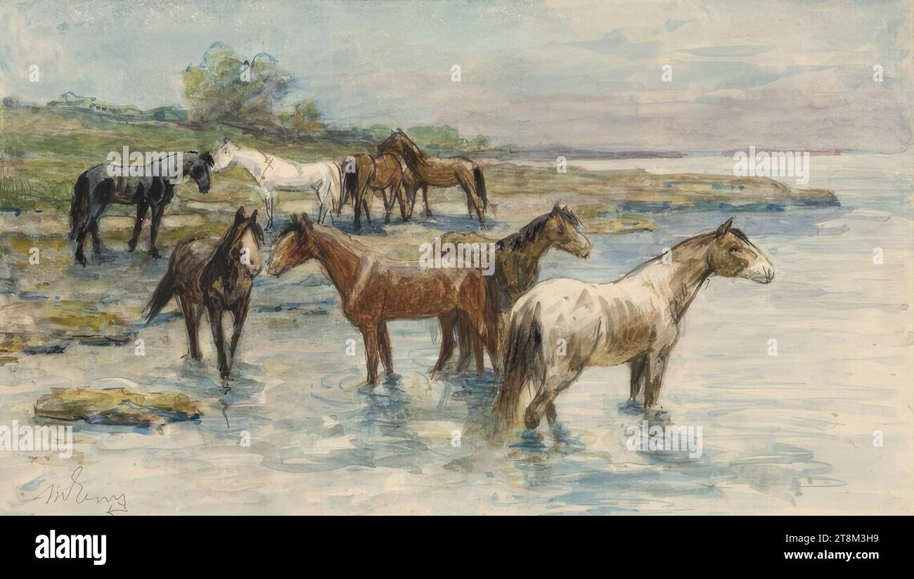 Horses in the trough, Hagengesellschaft, Maximilian Lenz (Vienna 1860 ...