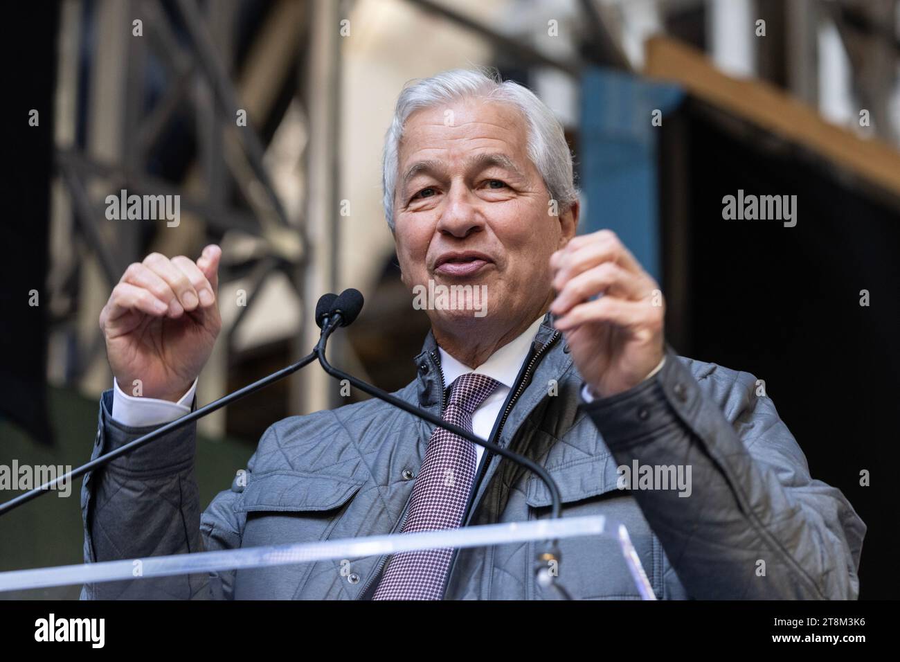 Jamie Dimon speaks during ceremony for final steel beam wrapped with ...