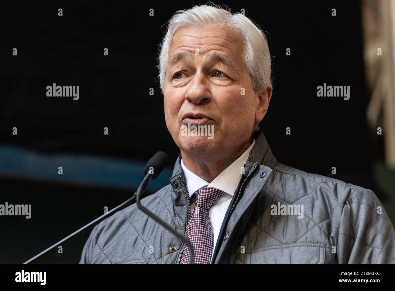 Jamie Dimon speaks during ceremony for final steel beam wrapped with ...