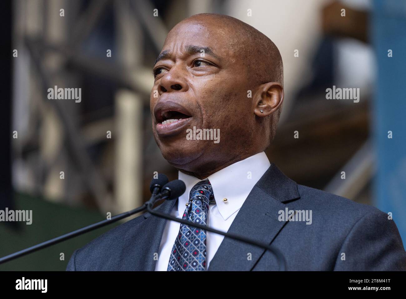 Eric Adams speaks during ceremony for final steel beam wrapped with ...