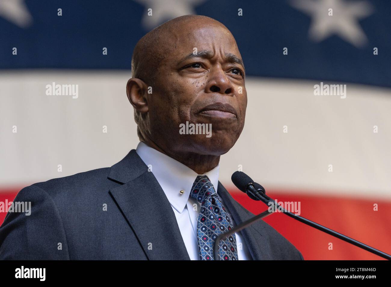 Eric Adams speaks during ceremony for final steel beam wrapped with ...