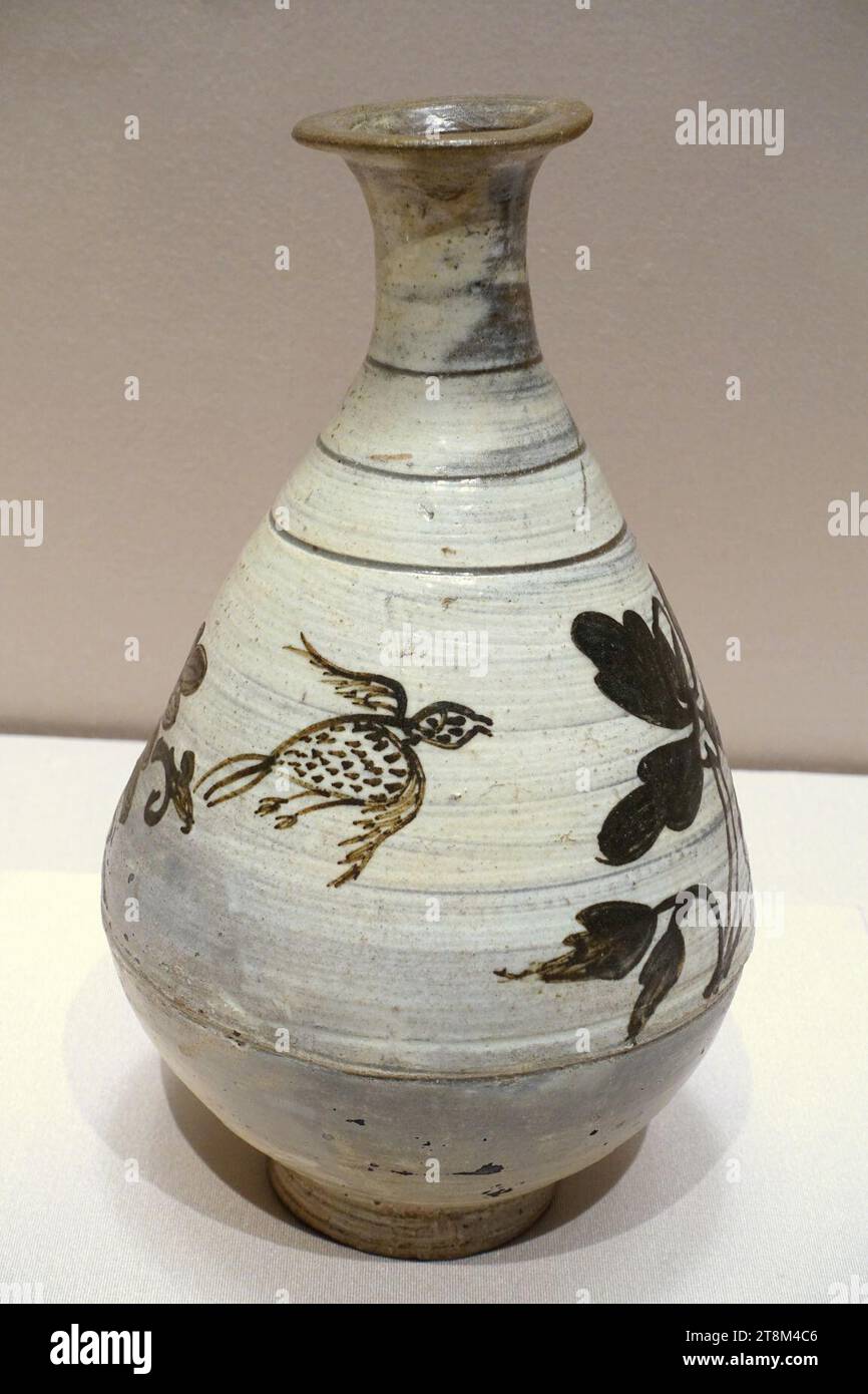 Vase with flower and bird design, Buncheong ware, Korea, Joseon dynasty ...