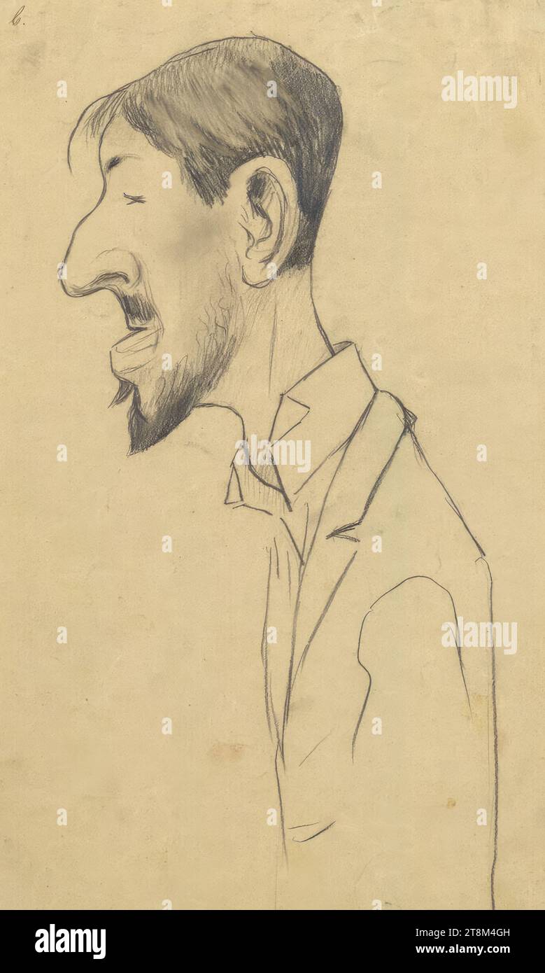 Bearded head in profile to the left (distorted image ...