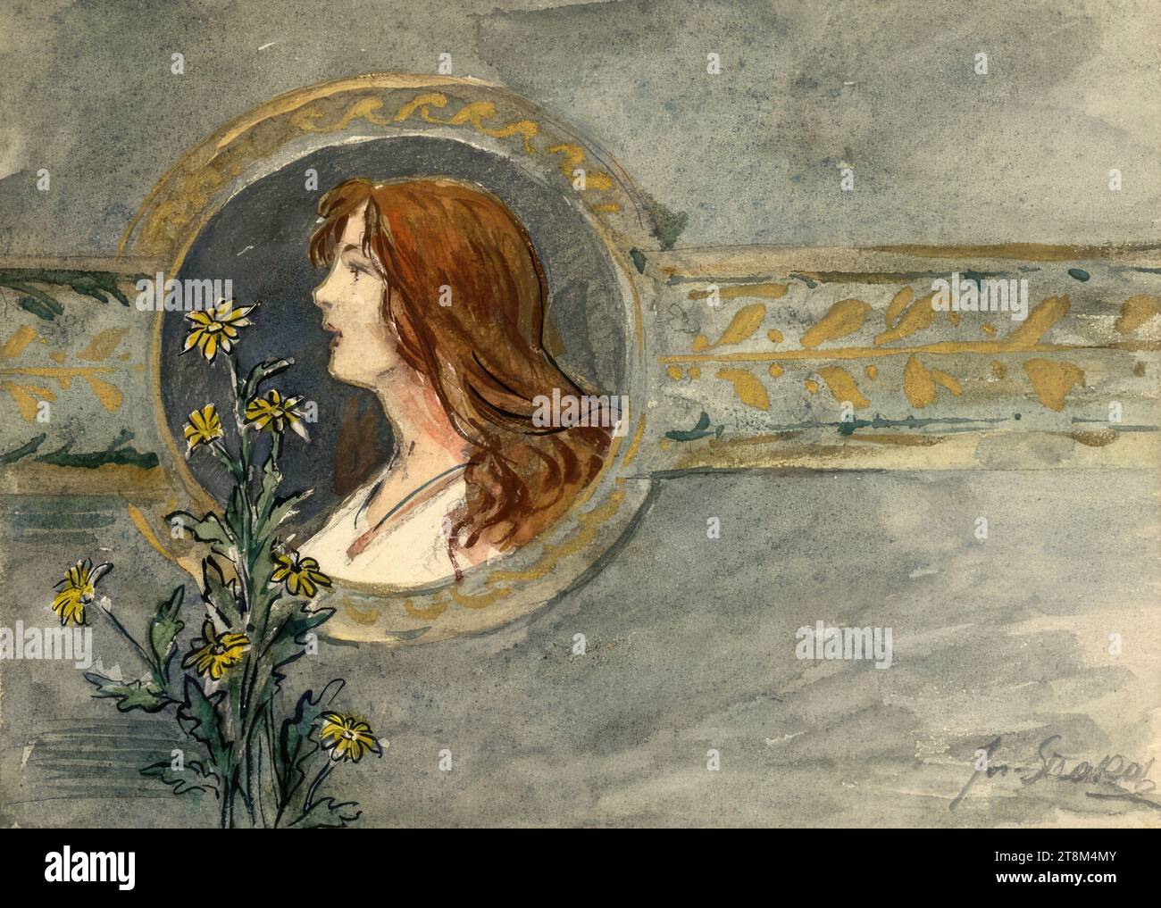 Girl's head in ornamental presentation and flowers, Hagengesellschaft ...