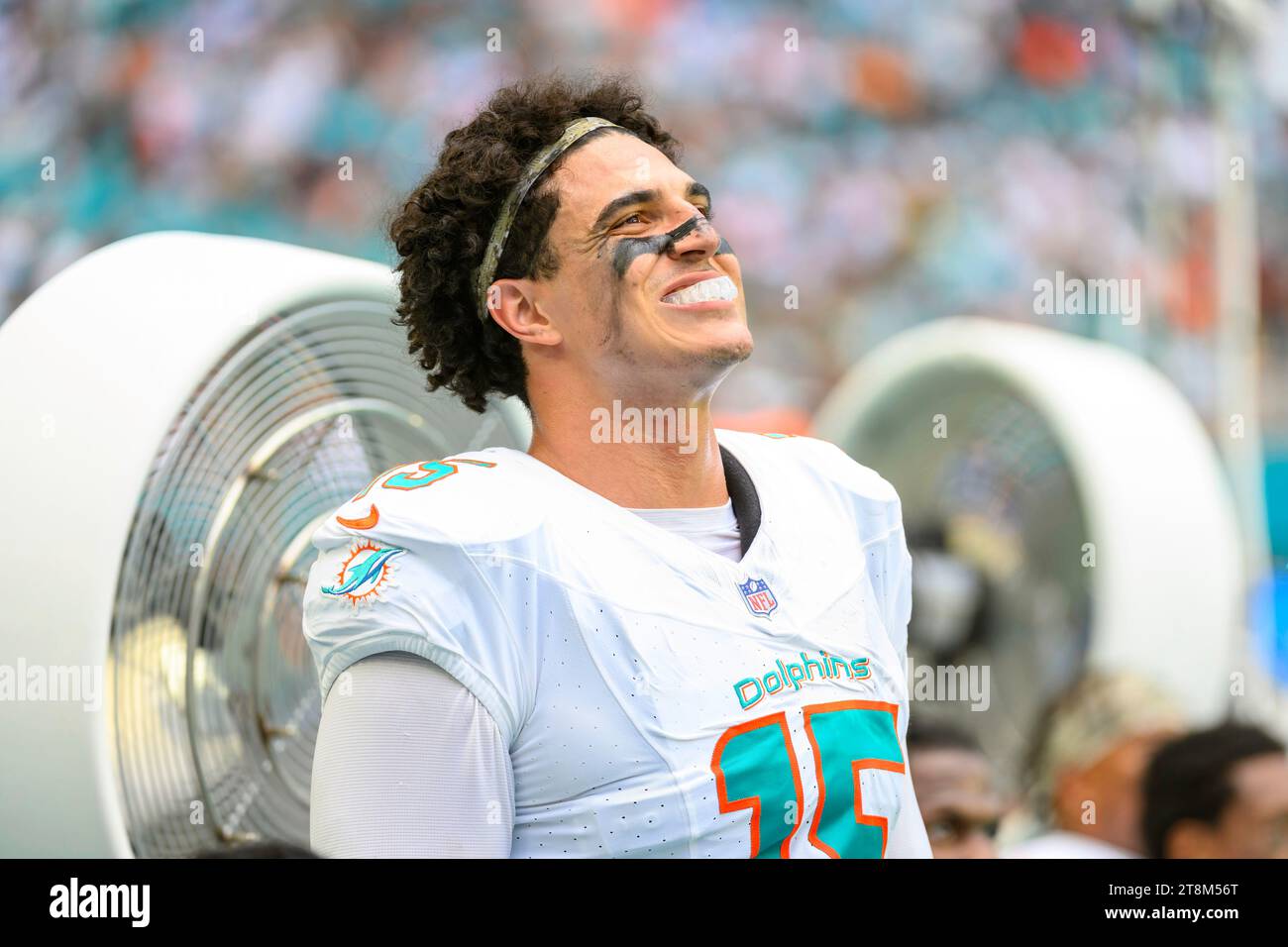 Miami Dolphins linebacker Jaelan Phillips (15) stands on the sidelines ...