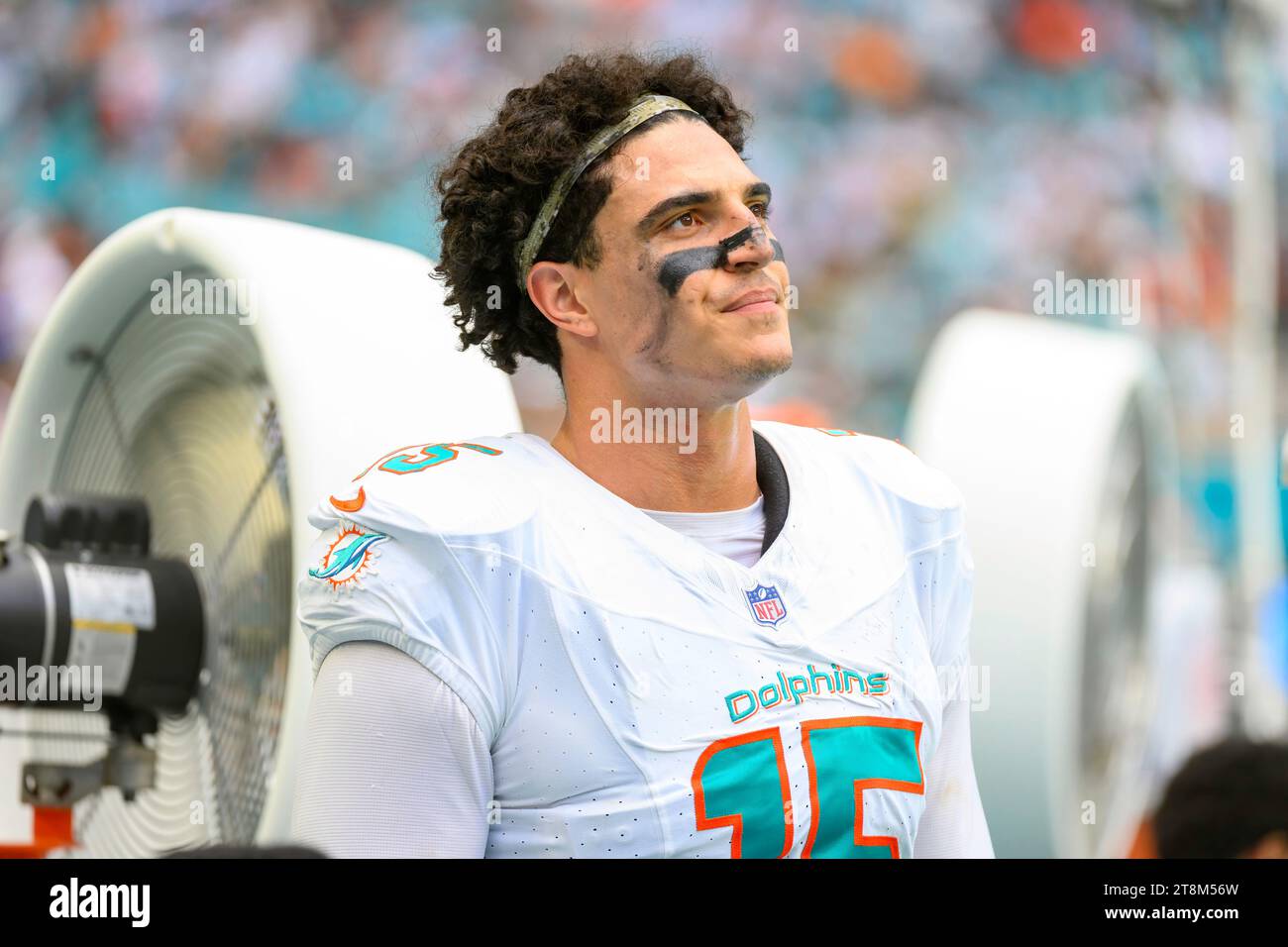 Miami Dolphins linebacker Jaelan Phillips (15) stands on the sidelines ...
