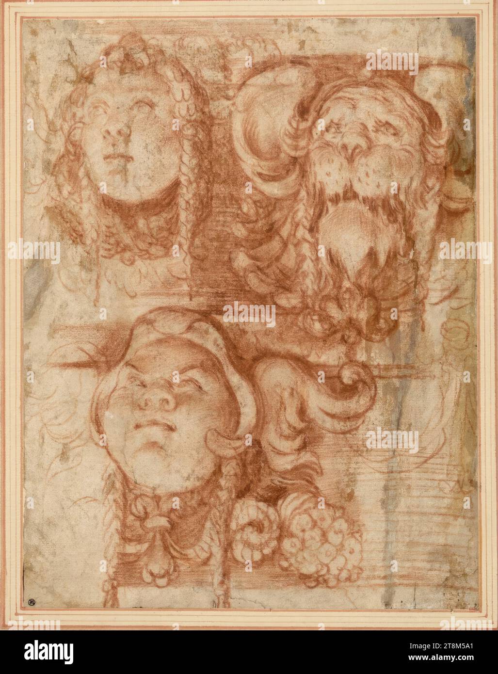 Study sheet with mascarons (two female heads, one lion's head ...