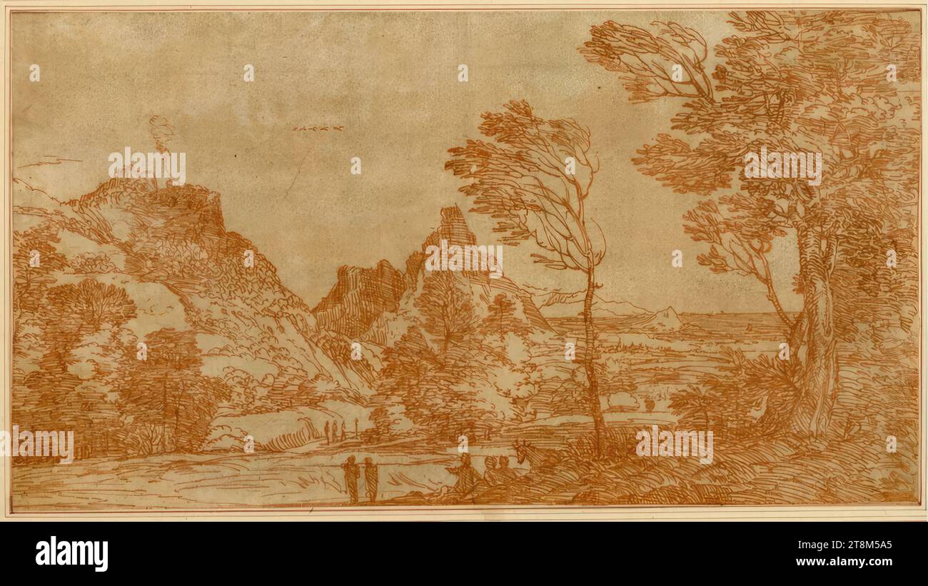 Mountainous tree landscape with a ruin on a hill with smoke rising from ...
