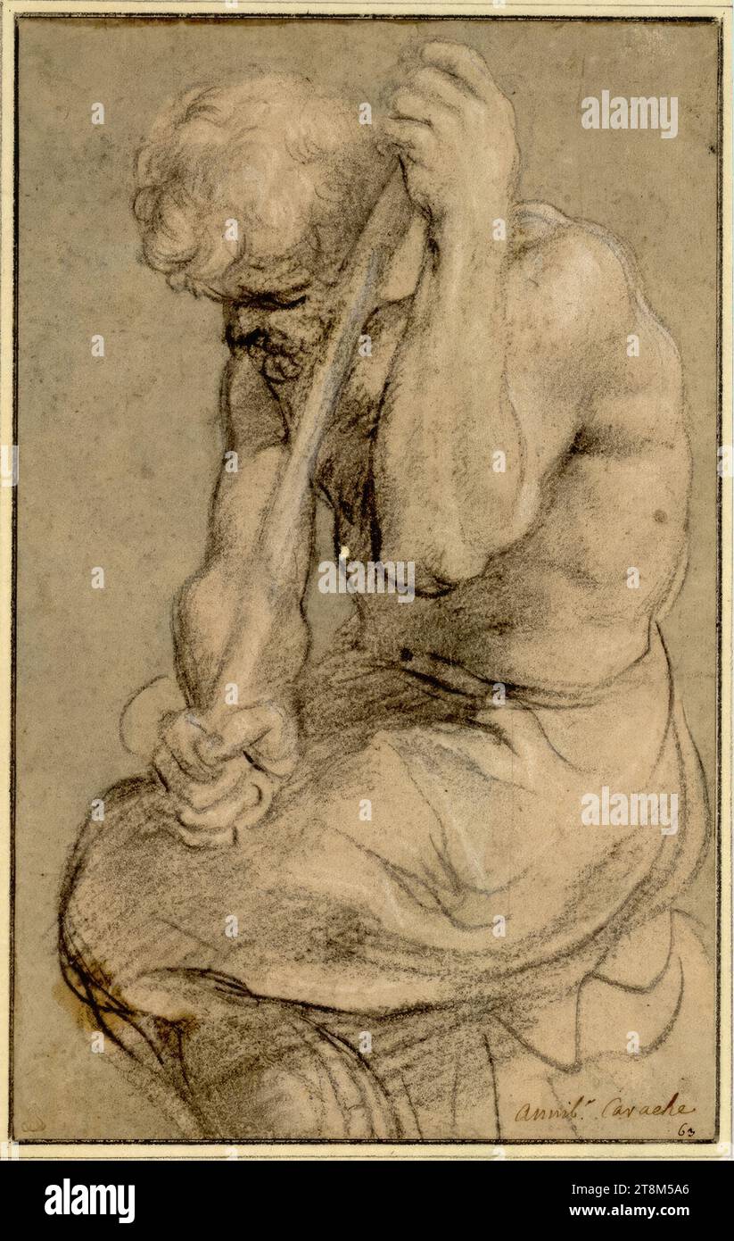 Male figure seated left, holding a staff in both hands, Annibale ...