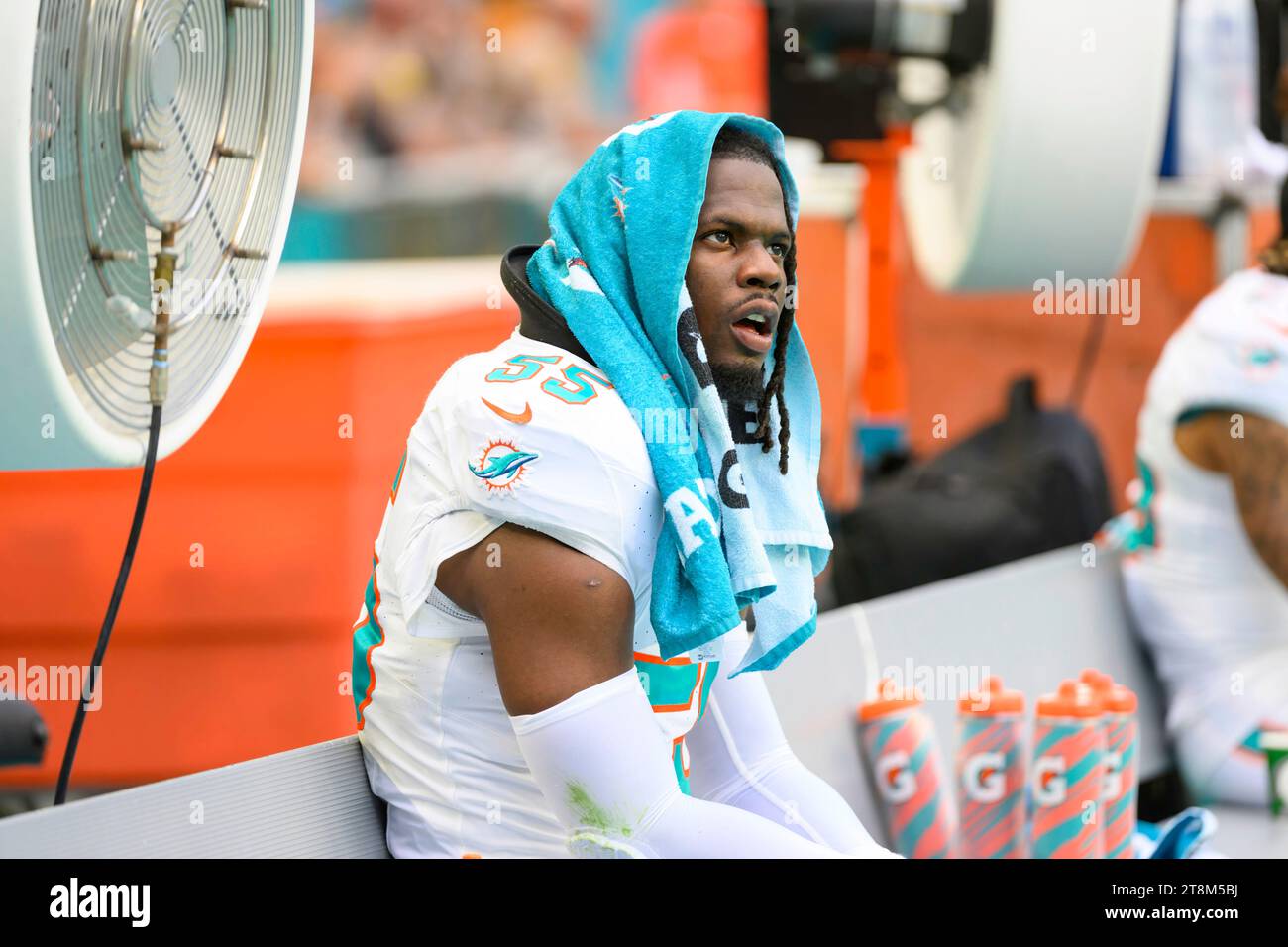 Miami Dolphins linebacker Jerome Baker (55) sits on the bench during an ...