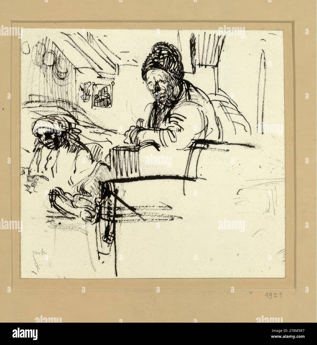 Old peasant in an armchair with crossed legs, in the background on the ...