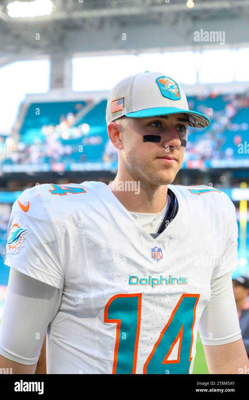 Miami Dolphins quarterback Mike White (14) walks off the field after an ...