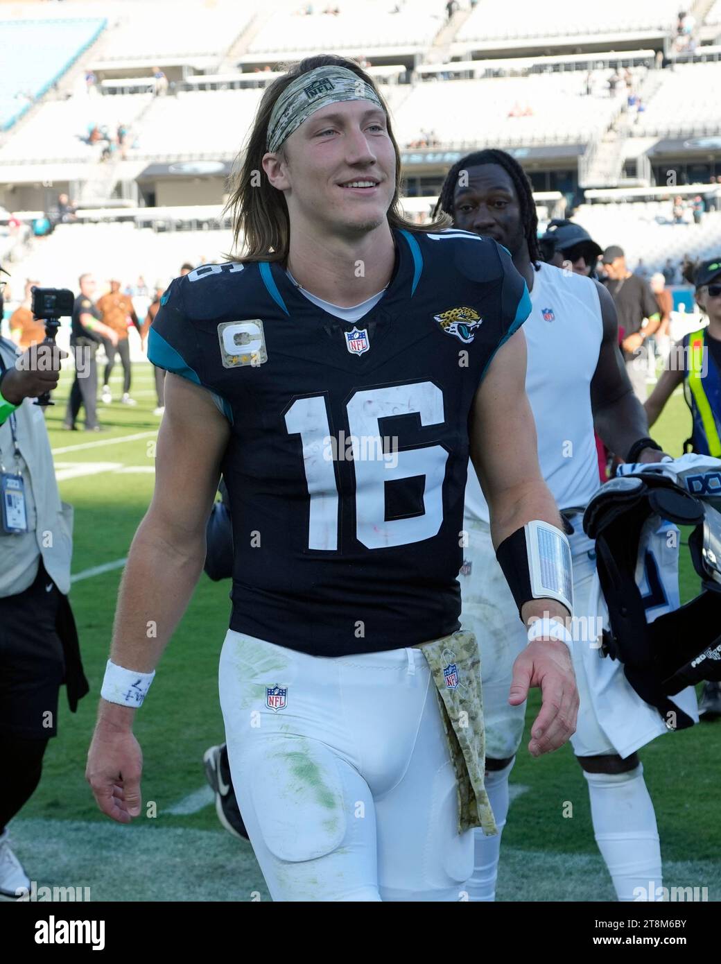 Jacksonville Jaguars quarterback Trevor Lawrence (16) leaves the field ...