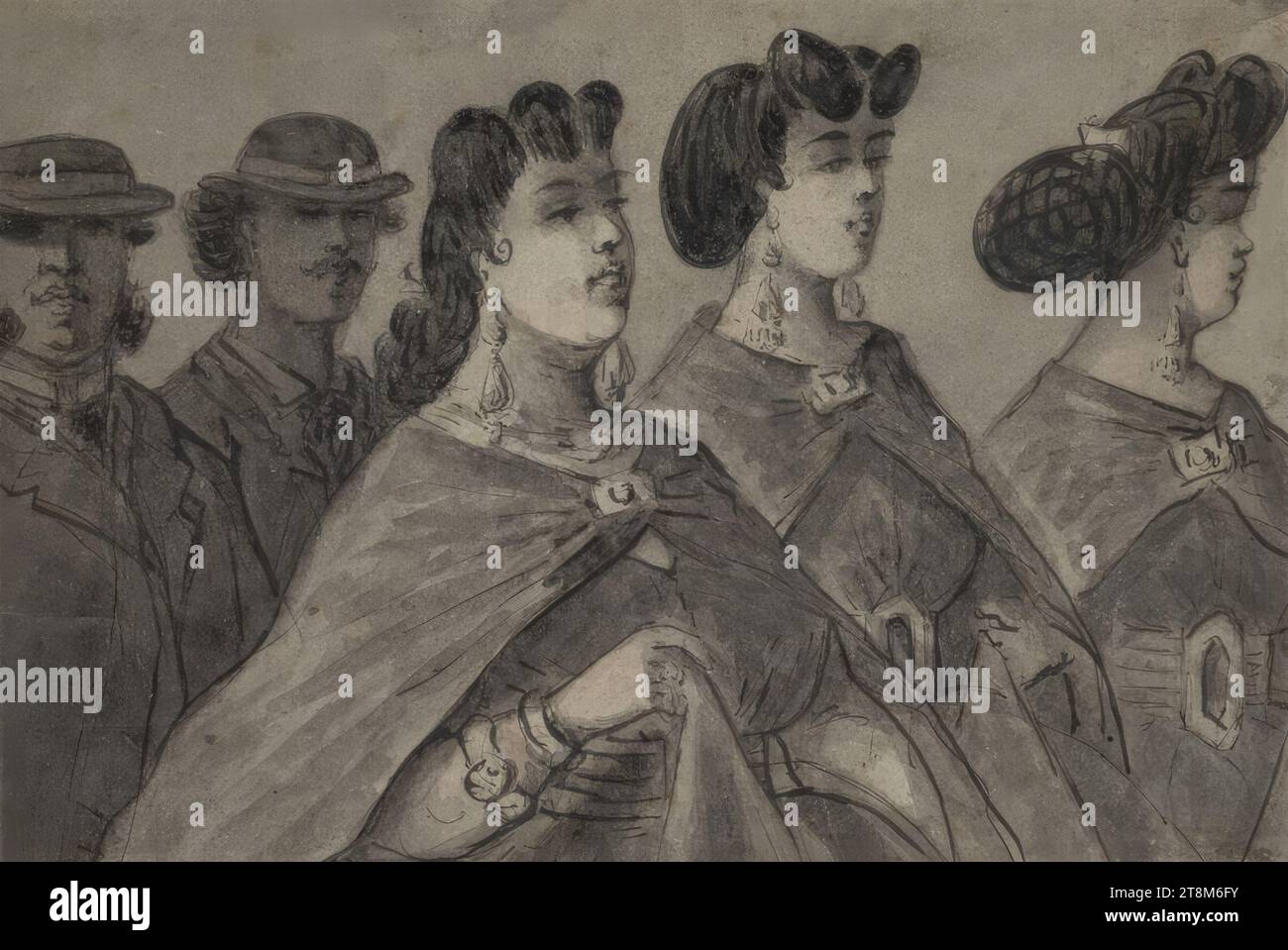 Three women in half-length, behind them two men, Constantin Guys ...