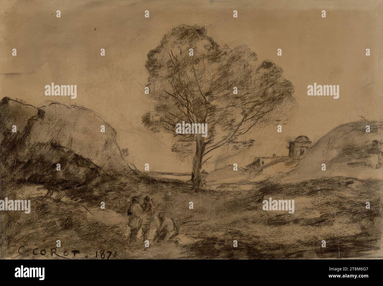 Southern landscape with a large tree and three staffage figures, Jean ...