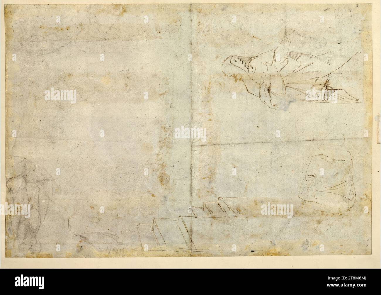 Female figure in cloak and hood; seated figure; Architectural fragment ...