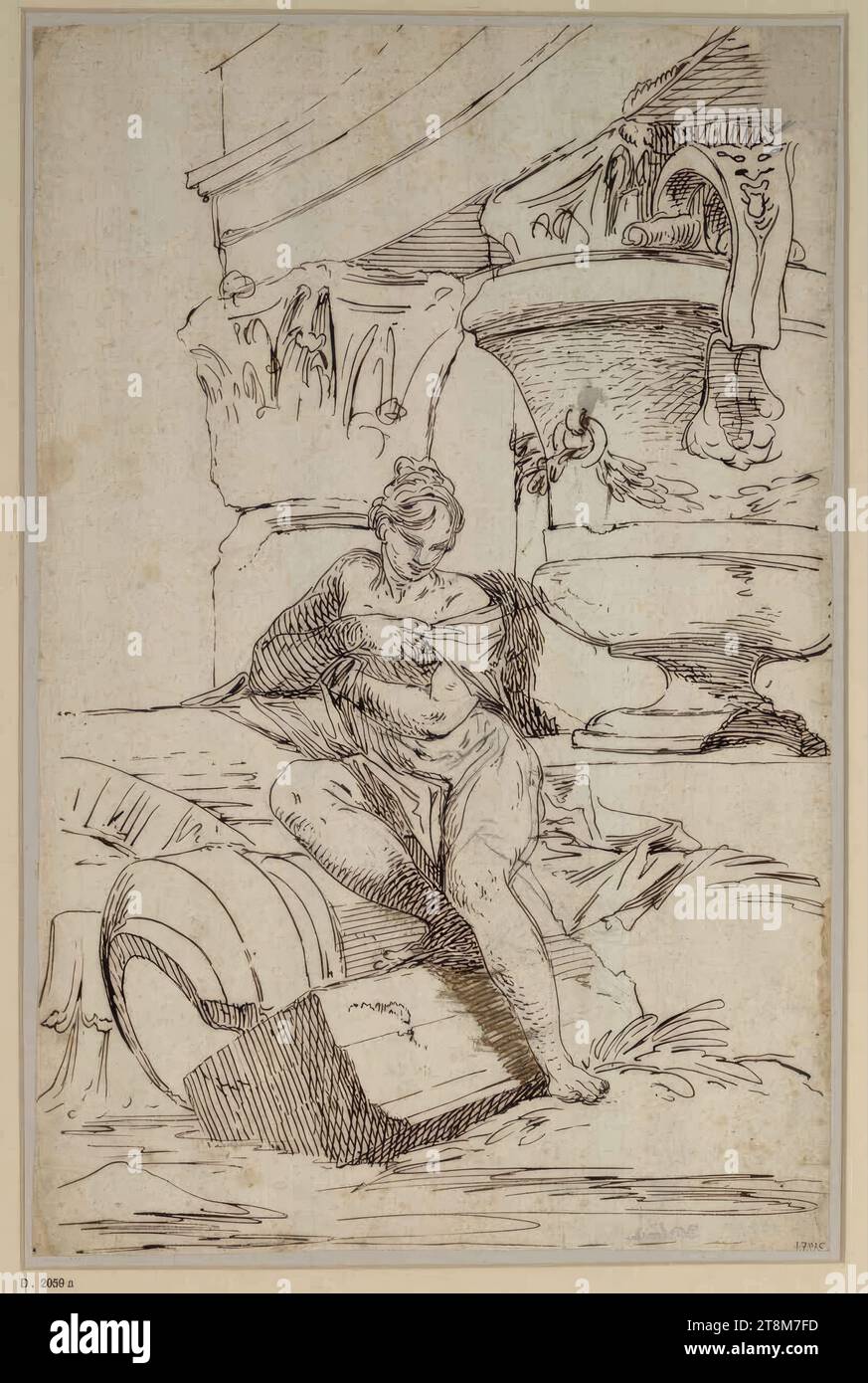 Female figure between ancient ruins, drawing, pen, lead pencil, 21 x 20 ...