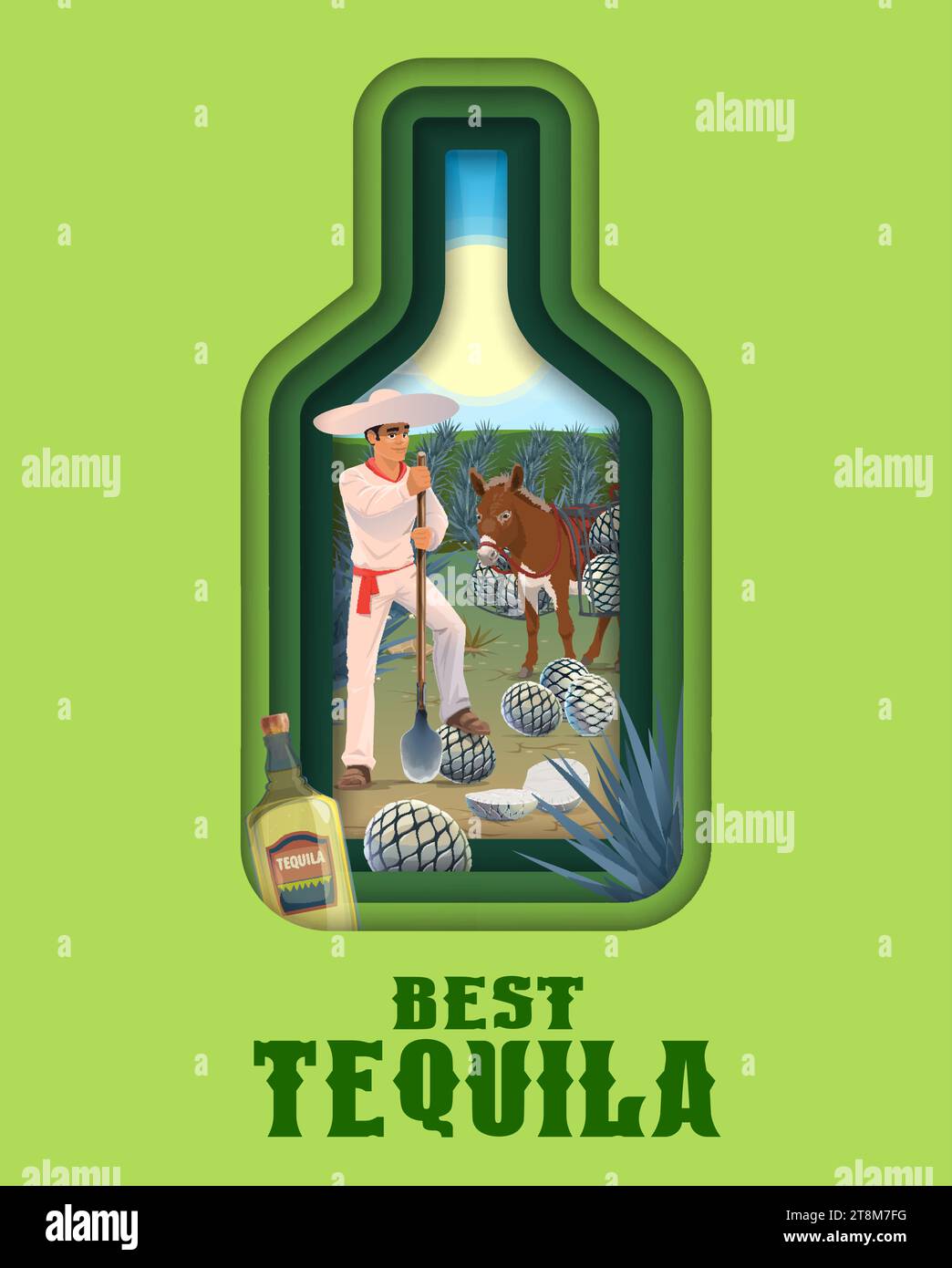 Mexican jimador with blue agave. Tequila alcohol drink production paper ...