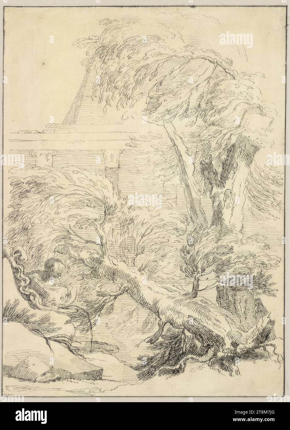 Forest clearing with dolphin fountain, drawing, pen, sheet: 30.5 × 22.1 ...