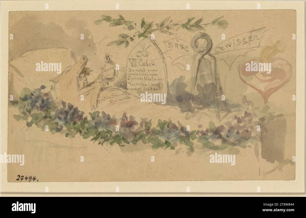 VII. Commandment, Ernst Juch (Gotha 1838 - 1909 Vienna), drawing, pen ...
