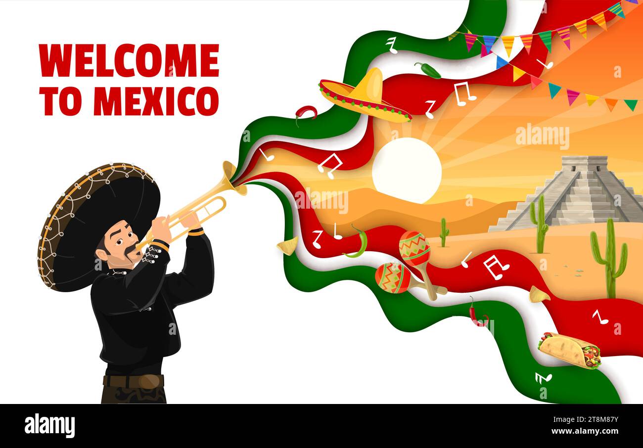 Welcome to Mexico paper cut banner with mariachi musician character ...