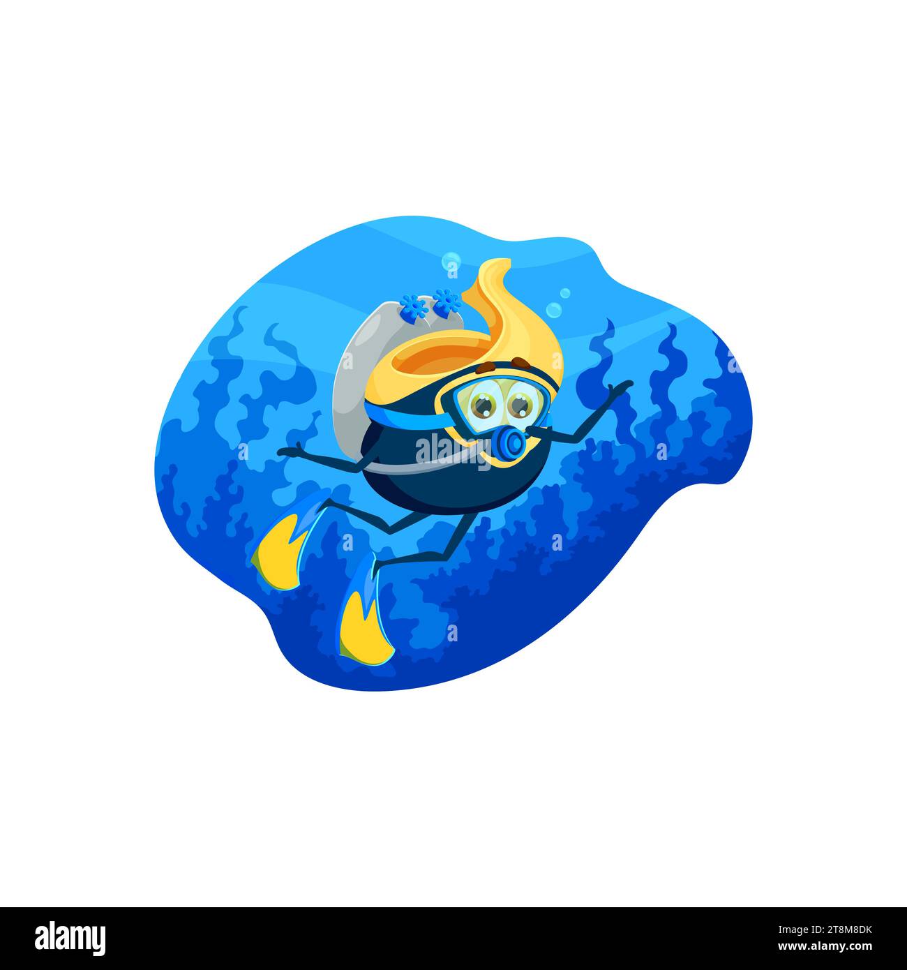 Cartoon cheerful Funghetto pasta character enjoying diving sports on ...