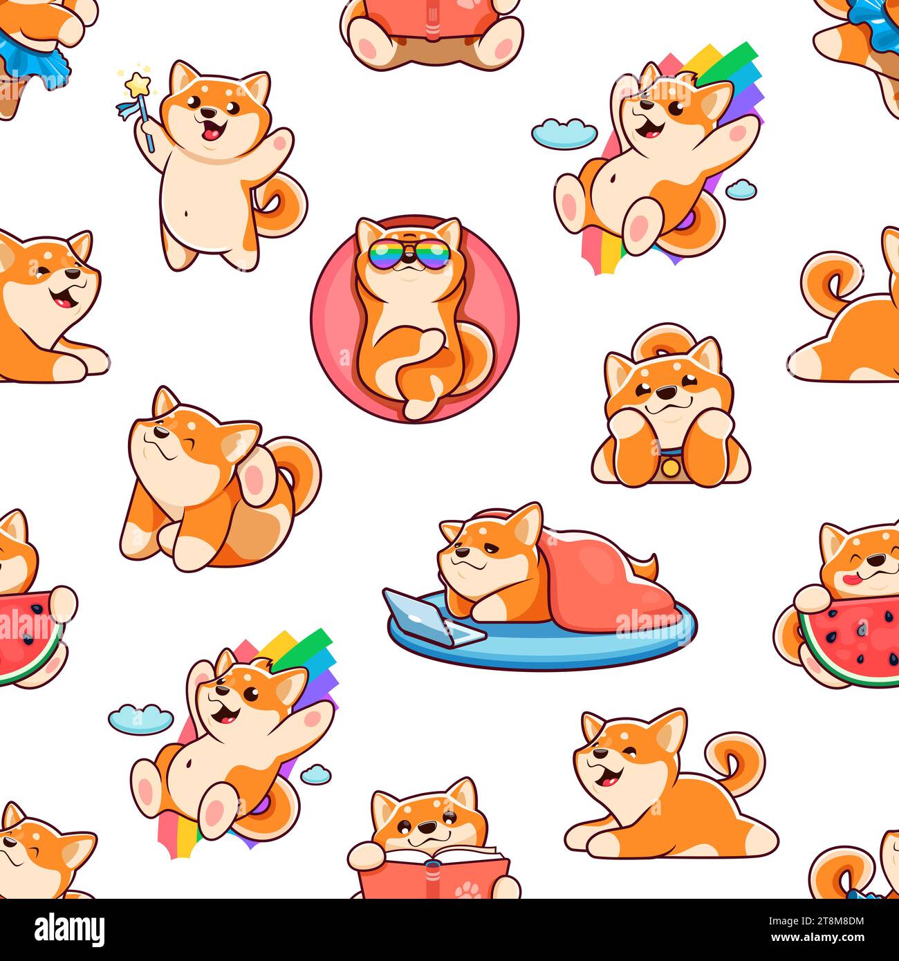 Cartoon kawaii Shiba Inu dog characters seamless pattern. Fabric print ...