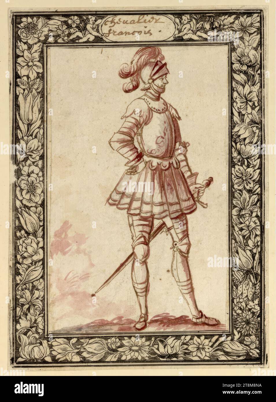 French Knight, between 1650 and 1664, Drawing, brown pen and red brush ...