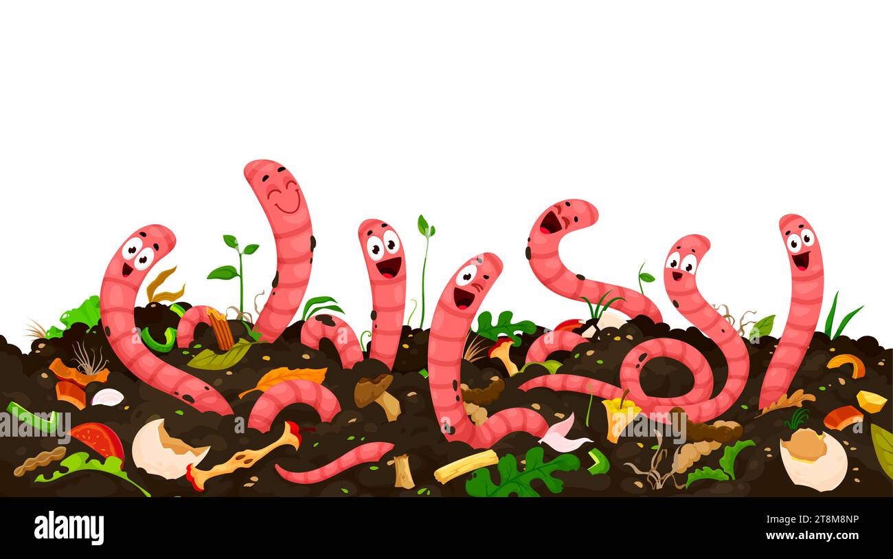 Vermicomposting. Cartoon earth worm characters in compost humus soil ...
