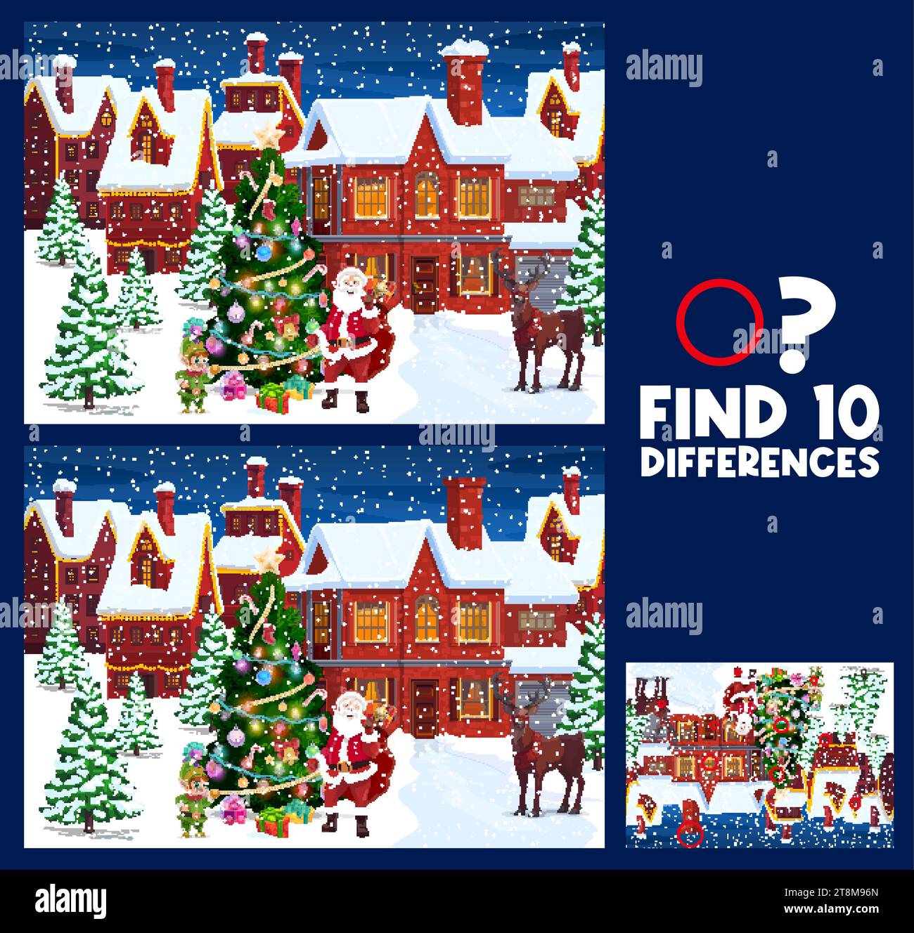 Christmas kids game find ten differences in winter town. Vector ...
