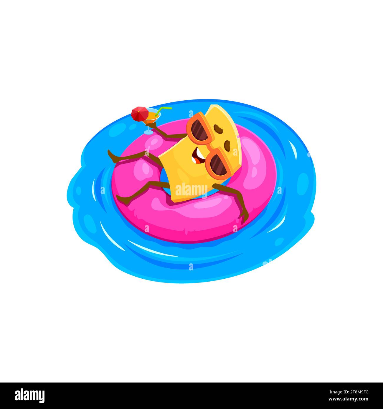 Cartoon cheerful quadretti pasta character floating on inflatable ring ...