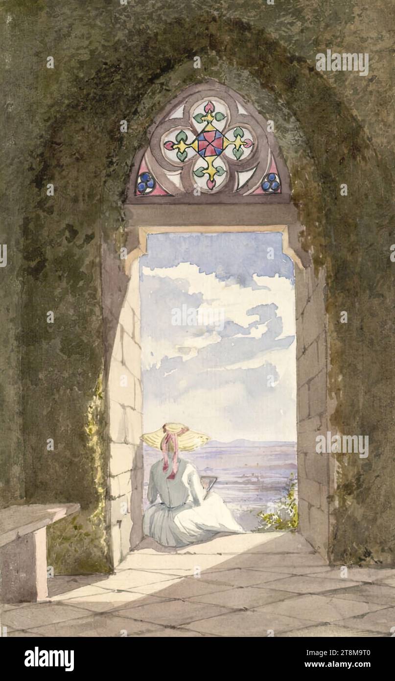 Girl drawing, sitting in an archway, with a view of a wide landscape ...